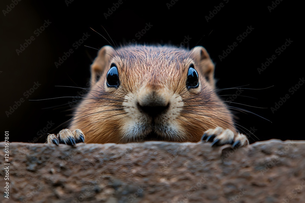 Curious ground squirrel peeking over edge with big blue eyes and tiny ...