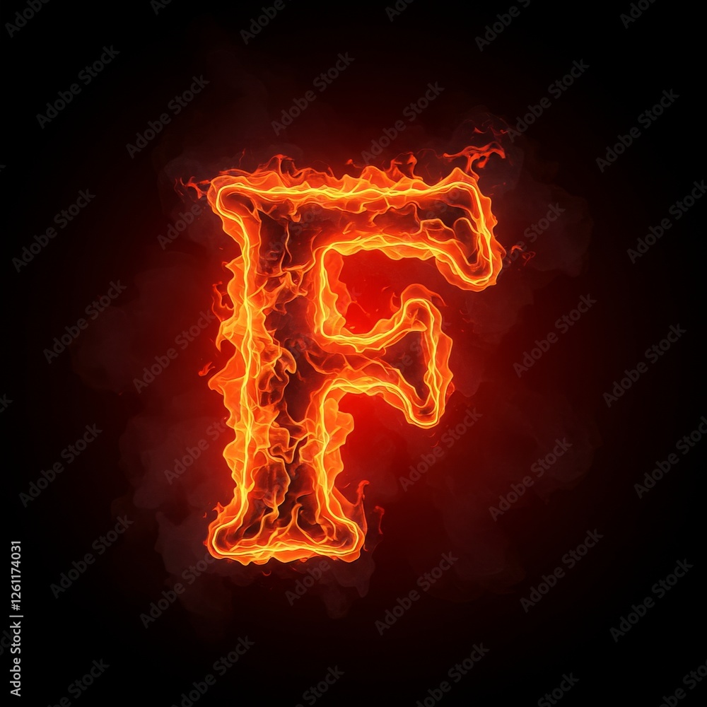 Fire alphabet letter "F" made of fire flames, with red smoke behind ...