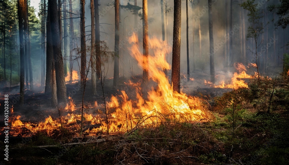 Flames engulf the underbrush and trees in a forest as smoke billows ...