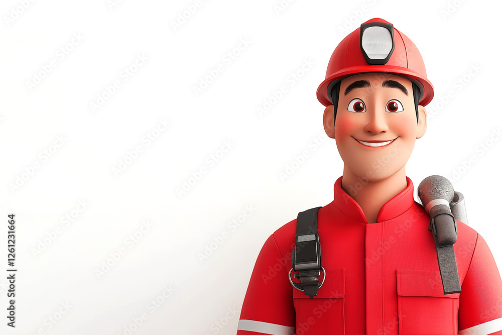 Cheerful firefighter wearing a helmet, uniform, and oxygen tank ...