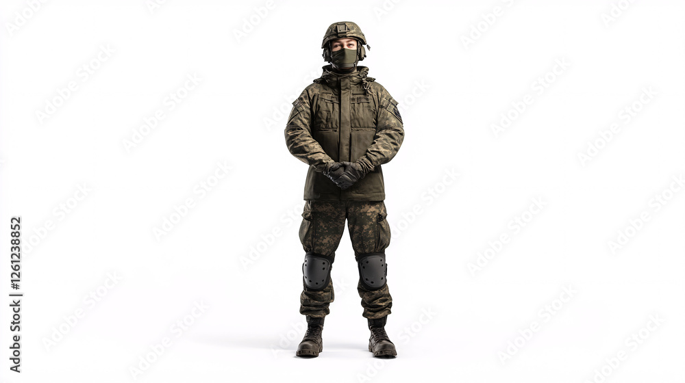 A fully equipped soldier wearing tactical military gear standing in a ...