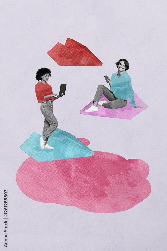 Trend composite sketch template 3D photo collage o young lady friends ...