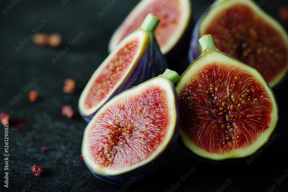 Ripe figs are sliced in half, revealing their vibrant red interior. The ...