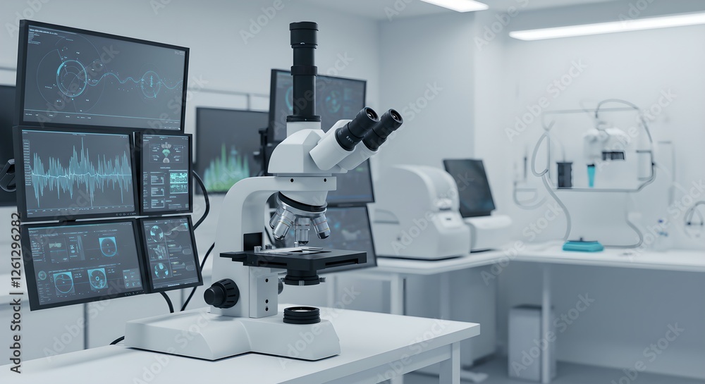Modern laboratory equipment with microscope and digital displays. Scientific research facility ...
