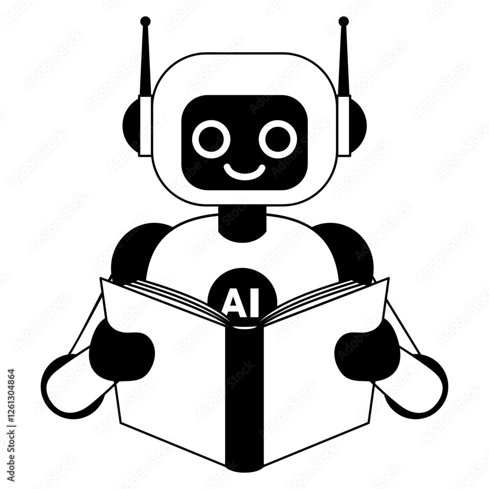 Linear black and white illustration of a robot reading a book ...