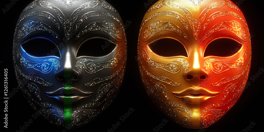 Two shiny masks, one black with blue and the other gold with red ...