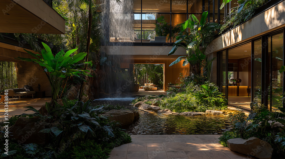 interior grand atrium arboretum with 10,000 plants and water fall in ...