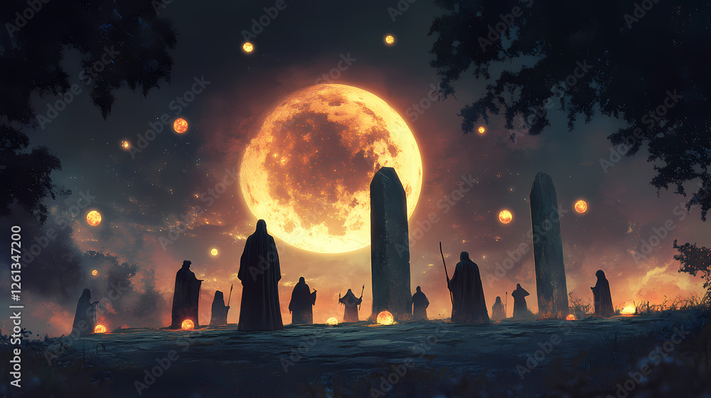 A group of wizards and witches gathered in a stone circle under a full ...