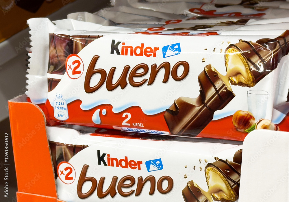 Chocolate hazelnut candy bar display in retail packaging with kinder ...