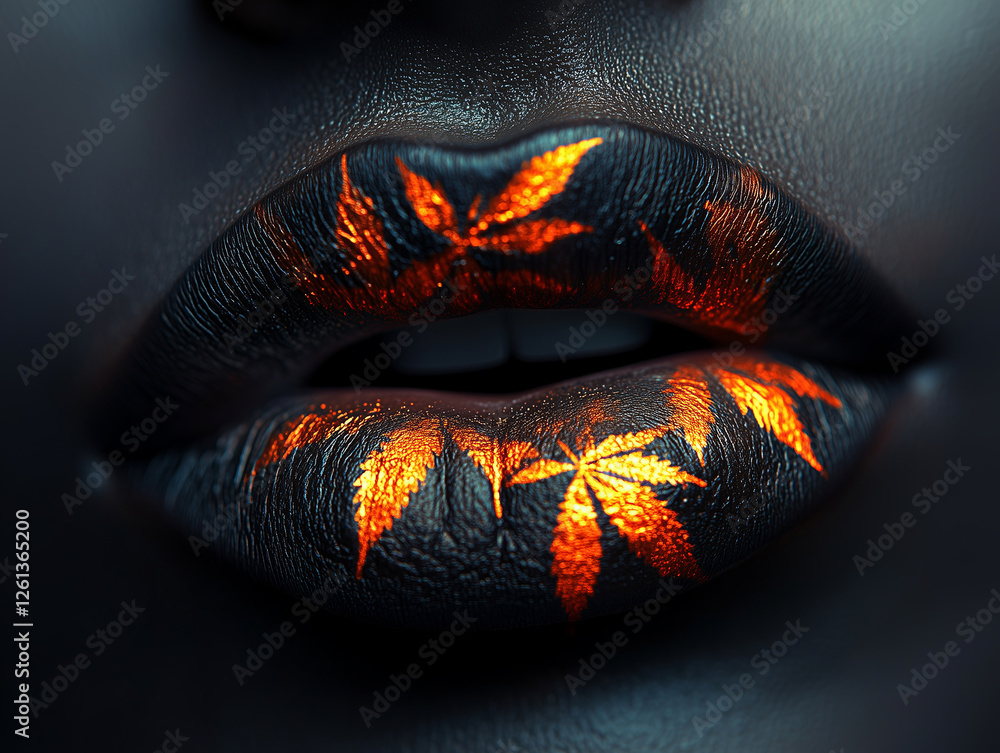 Beautiful female lips close with a colorful pattern of a cannabis ...
