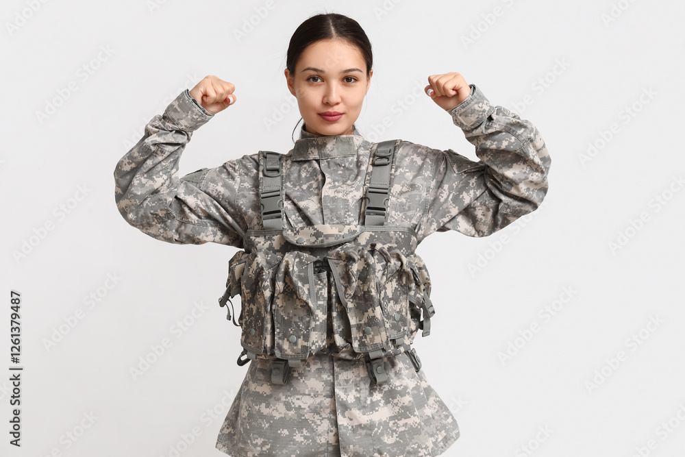 Young female soldier flexing muscles on white background. Feminism ...