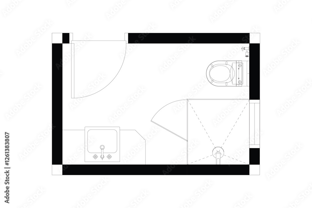 2d layout plan of bathroom interior design, black lines on white ...