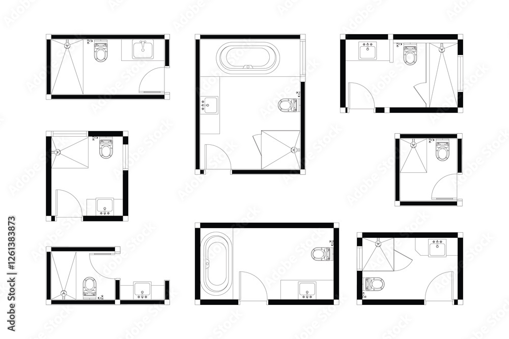 Collection of 2d layout plan of bathroom interior design, black lines ...