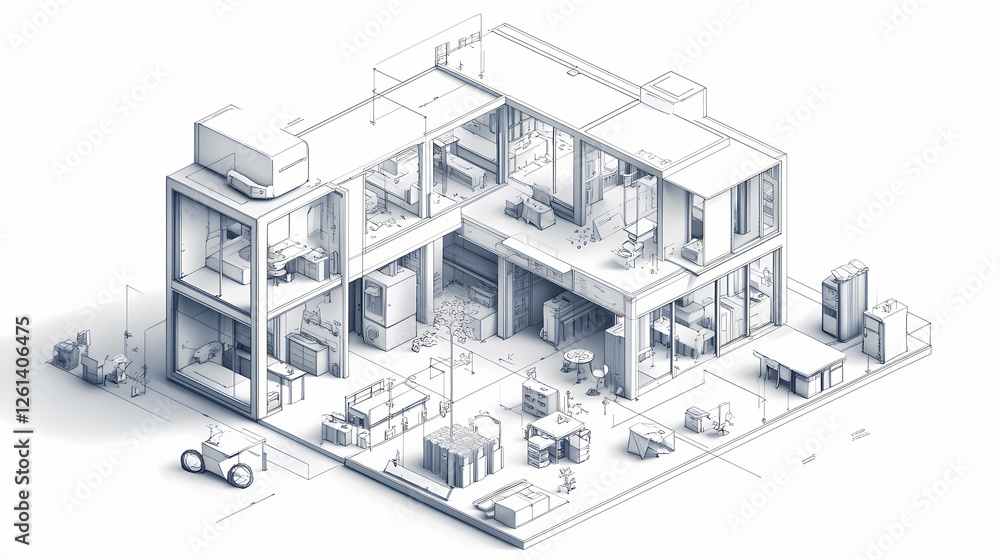 Architectural blueprint of a modular house with flexible room ...