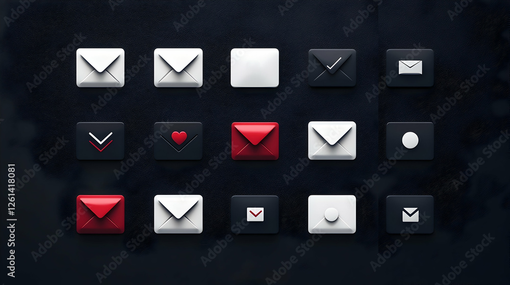 Dark background email icons, digital communication symbols, website ...