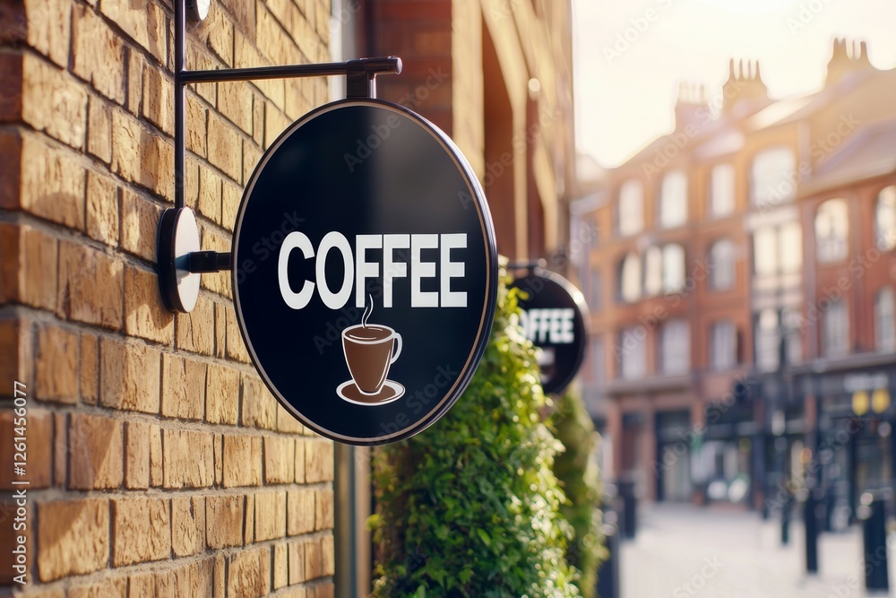 Sign for a coffee shop hangs on a brick wall Stock Photo | Adobe Stock