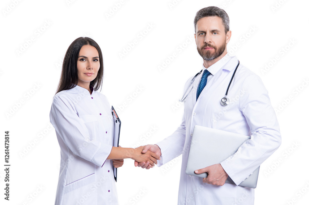 hospital teamwork collaboration. successful treatment. doctor handshake with nurse. two doctor ...