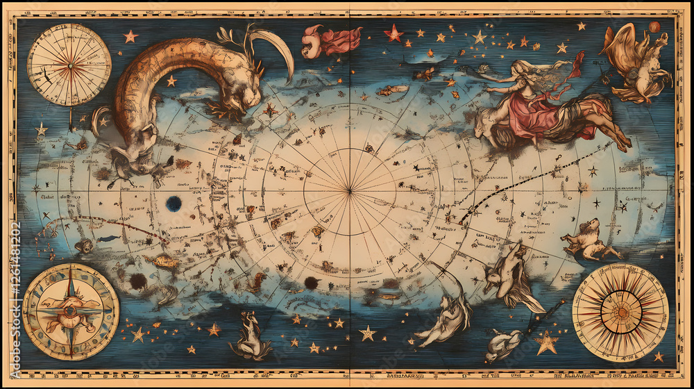 Vintage astronomical chart depicting constellations and celestial ...