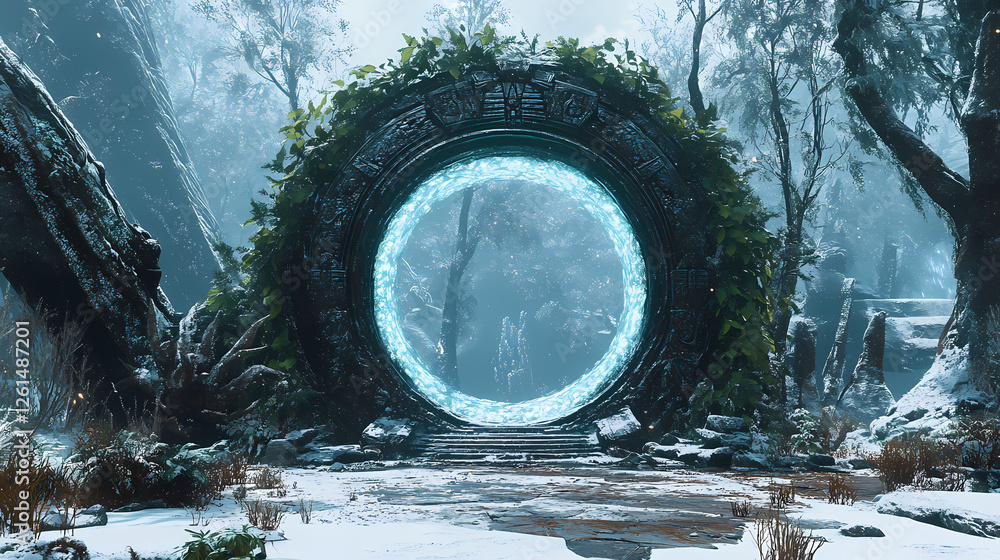Jungle stargate with vines and ancient carvings, opening to a frozen ...
