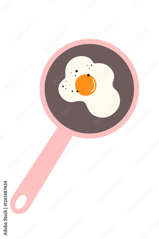 Minimalist illustration of a pink frying pan with sunny side up egg on white background. Modern ...