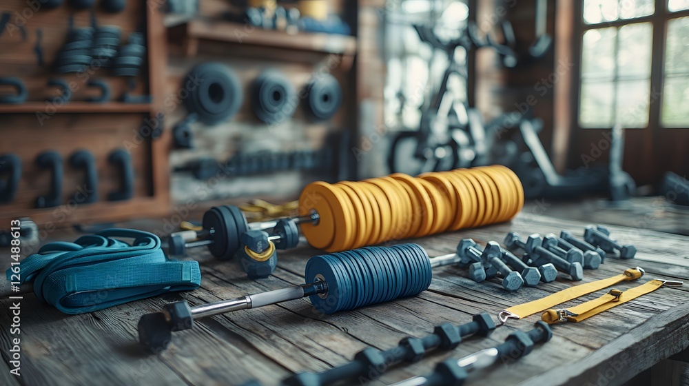 Vintage-Inspired Home Gym Equipment Display on Rustic Wooden Workbench ...