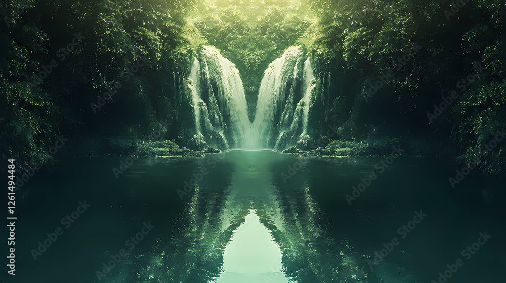 Symmetrical serene emerald green jungle river with small waterfalls in ...