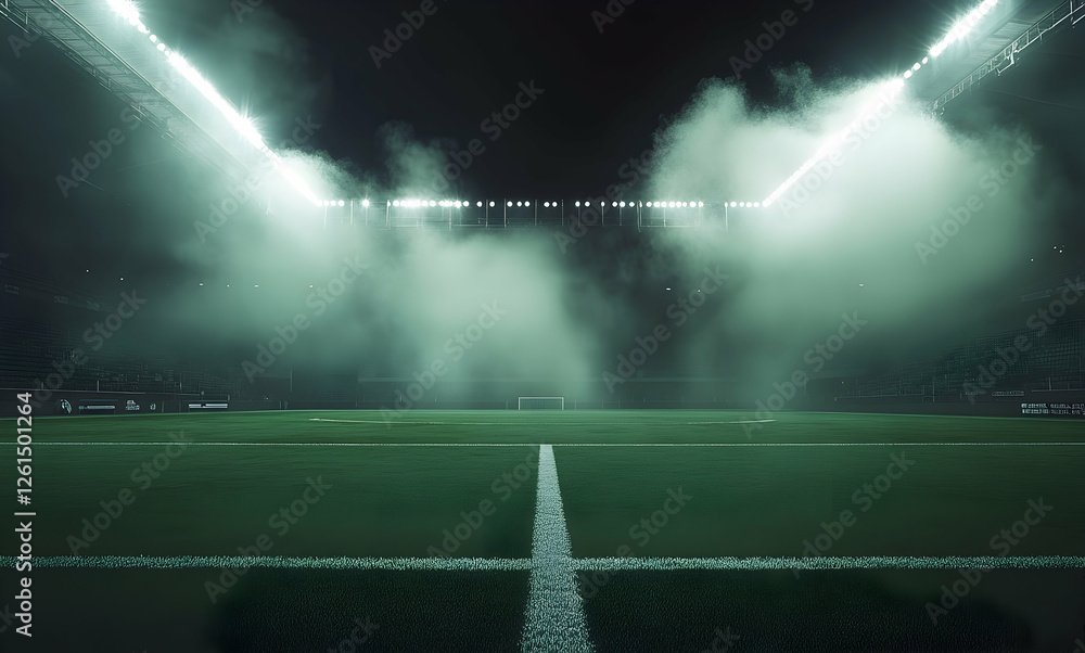 Illuminated stadium field at night with a light mist creating an ...