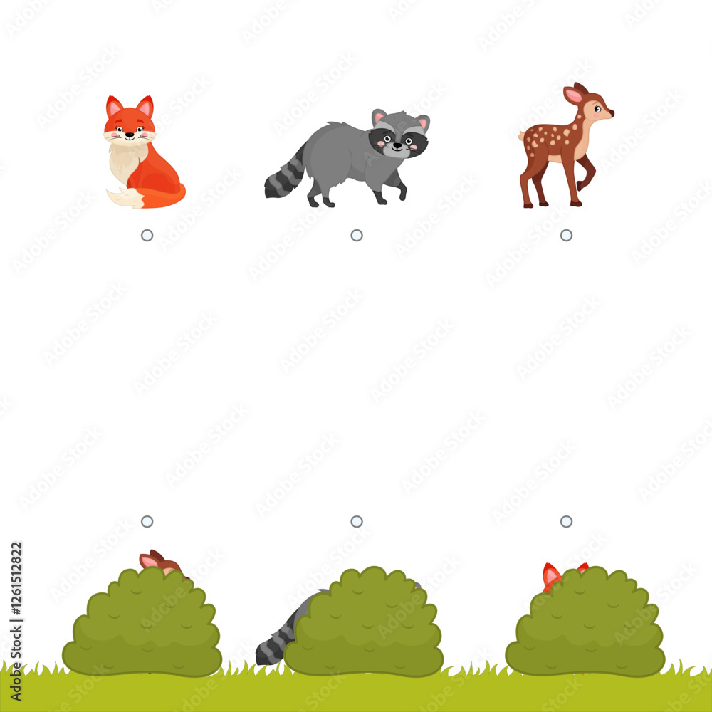 Matching children educational game. Who was hiding behind the bush ...