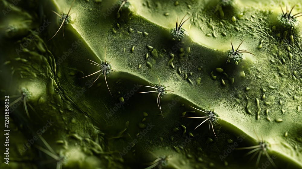 54.High-resolution macro view of a prickly pear cactus pad, featuring ...