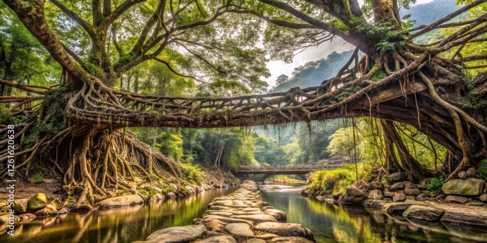Ancient Living Root Bridge in Nongriat Village Overlooked by Trees and ...