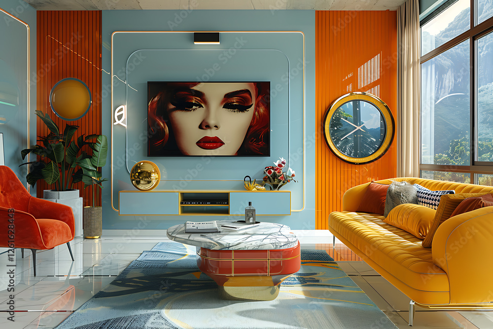 retro-modern interior design, blend of pop art with minimalist ...