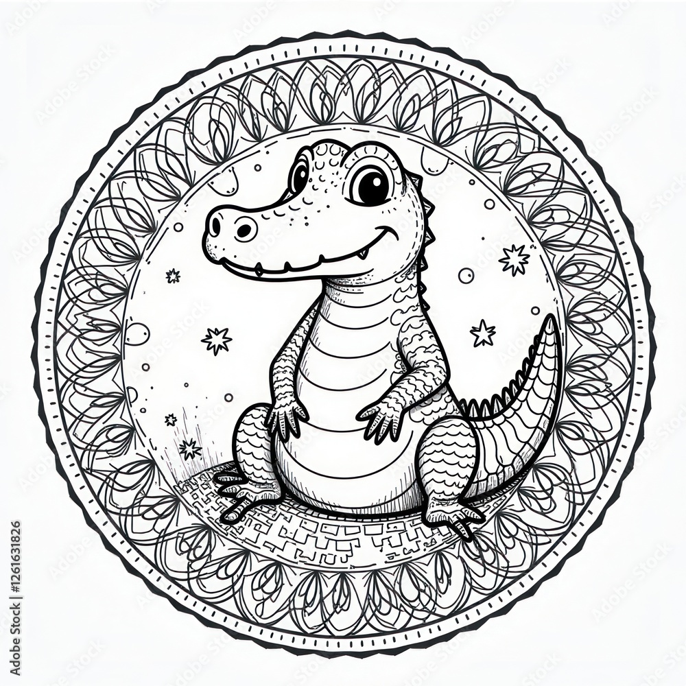 Cute Alligators Doodle Mandala Coloring Page Kids Design. Perfect for ...