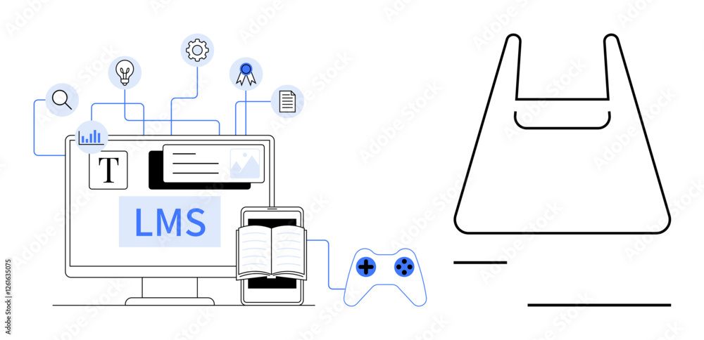 Computer screen labeled LMS, tablet with open book, and gaming ...