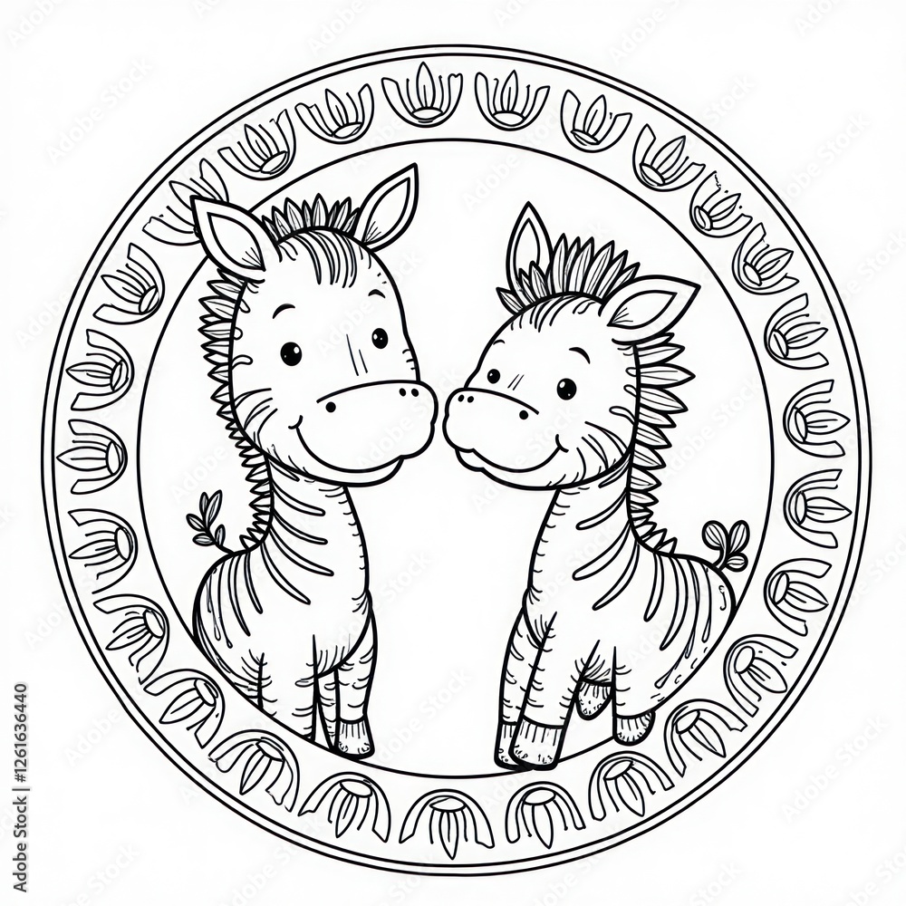 Cute Zebras Doodle Mandala Coloring Page Kids Design. Perfect for ...