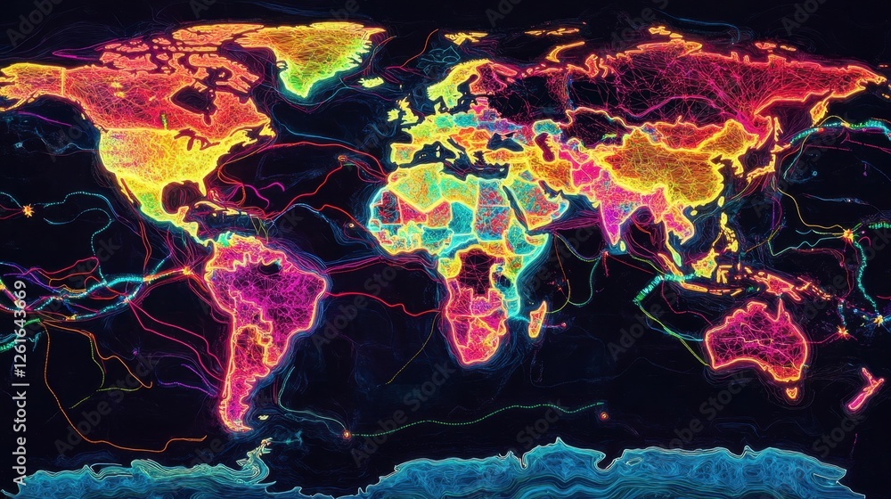World political map with vibrant trade routes crisscrossing continents ...