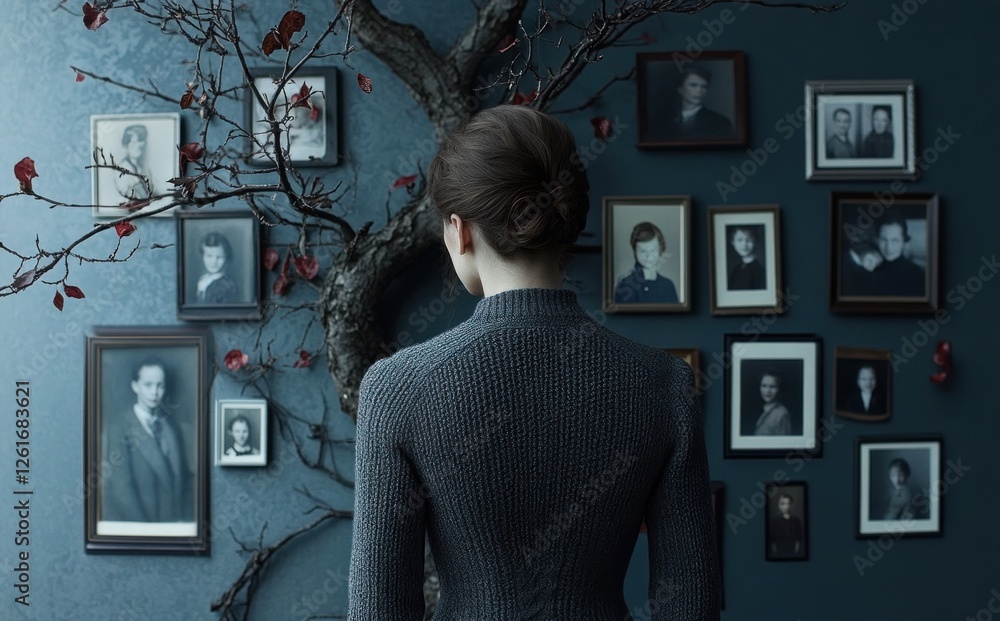 A woman and old photos on the wall: ancestral heritage, genealogical ...