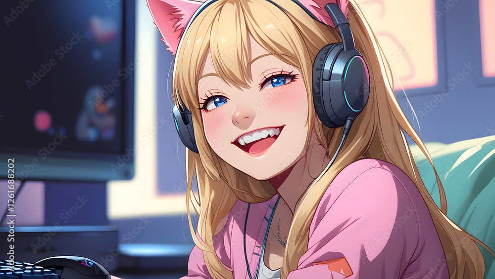 cheerful gamer girl in a cozy gaming setup: a vibrant blend of ...
