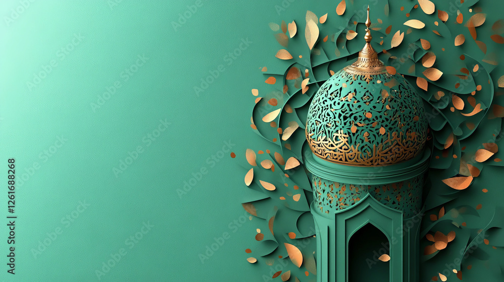 teal and gold islamic dome with intricate arabesque pattern and ...