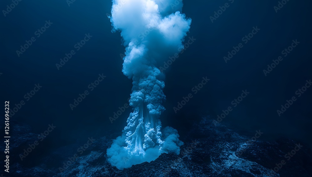 Underwater volcano eruption, hydrothermal vent, dark deep sea, plumes ...