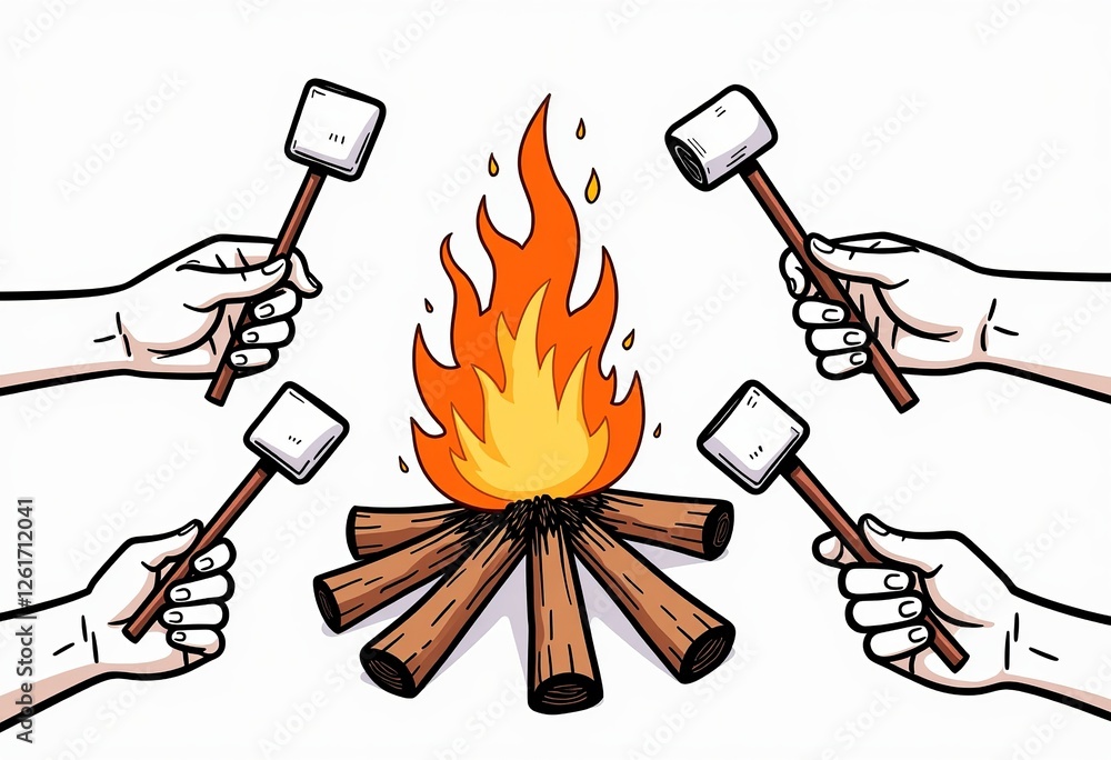 Simple Bonfire Doodle: Vector Line Art Illustration of Four Hands ...