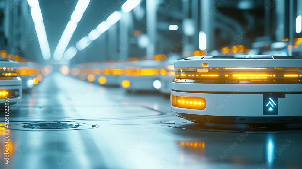 High tech logistics hub featuring autonomous robots in modern warehouse ...