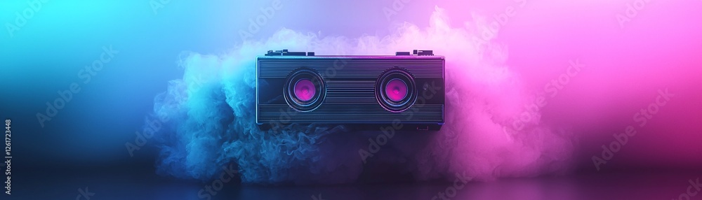 A colossal VHS tape floating in deep space, glitch effects, neon cyber ...