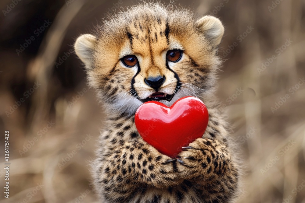 Promotion animal layout. Cute cheetah baby with diamond red heart on in ...