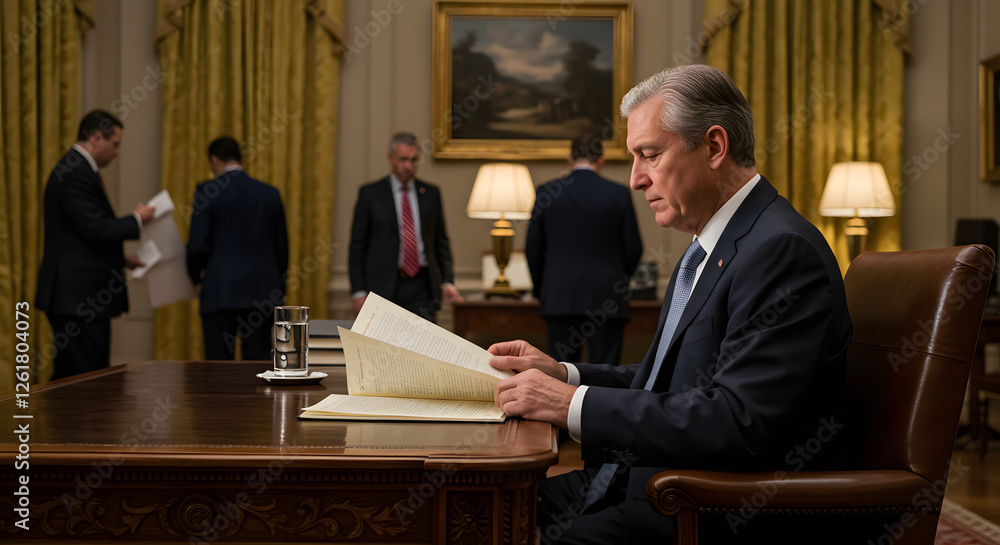 Serious man reading important documents at oval office desk important ...