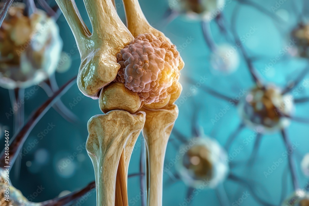 Educational depiction of a knee joint affected by bone cancer focusing ...