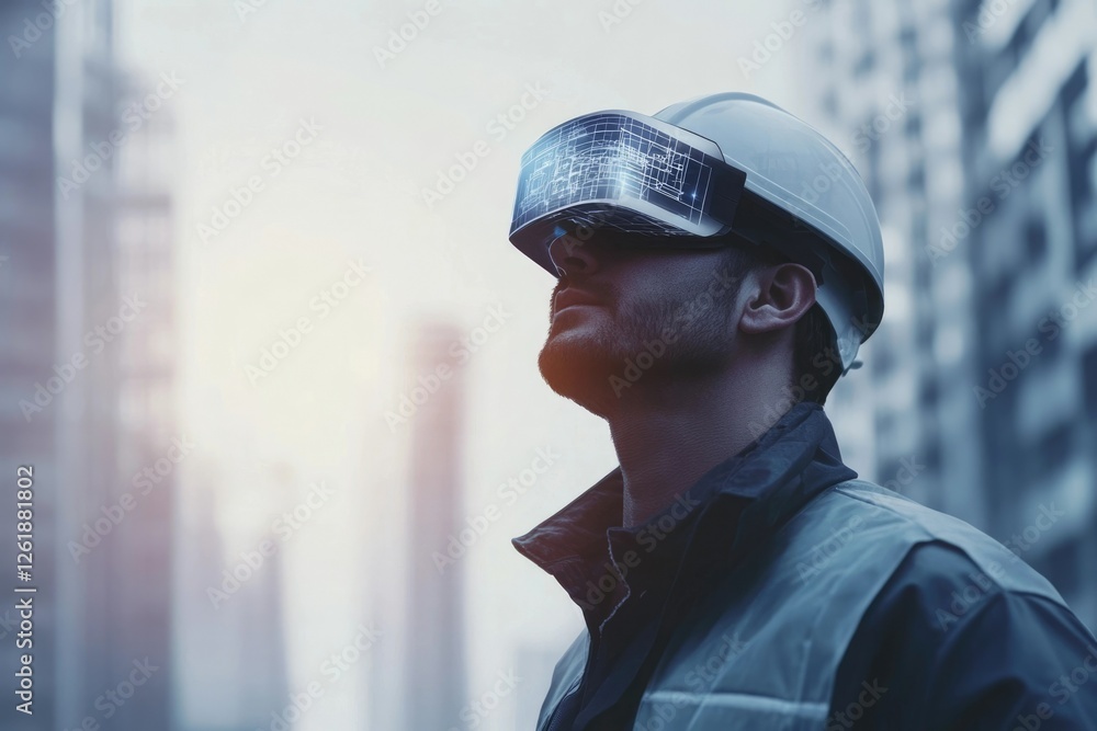 Construction worker using augmented reality headset to visualize ...