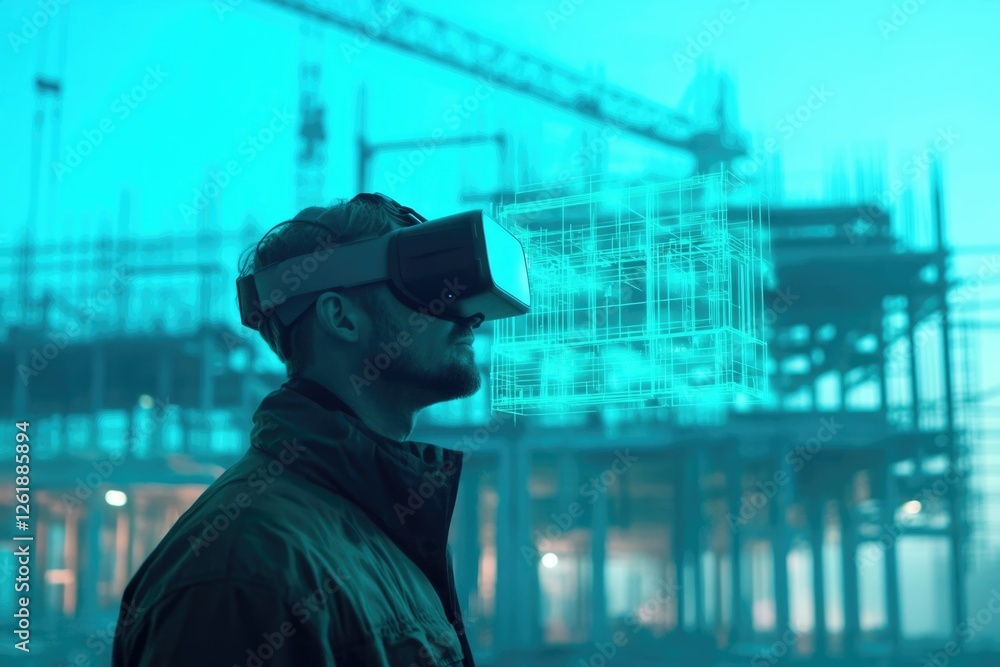Stock-Foto „Construction worker uses VR headset to visualize and review ...