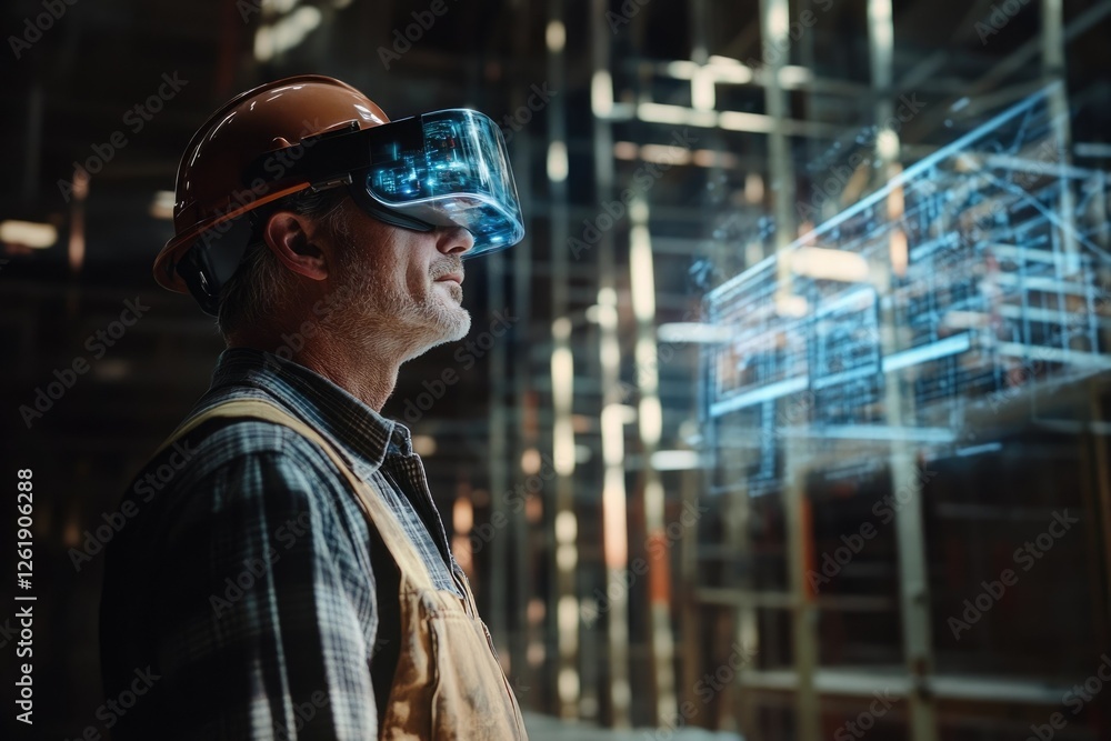 Construction worker uses AR/VR glasses to visualize a building's ...