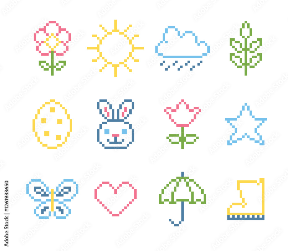 Spring elements set in pixel art design. 8 bit retro symbols of Easter ...