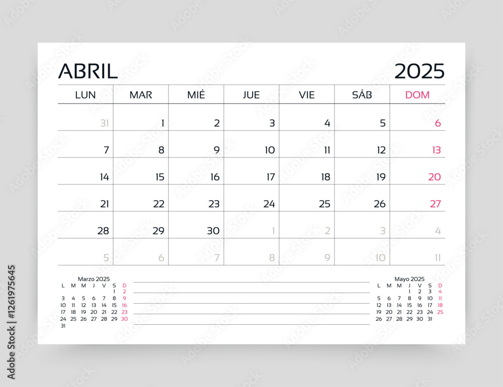 April 2025 calendar in Spanish. Planner calender template. Week starts ...